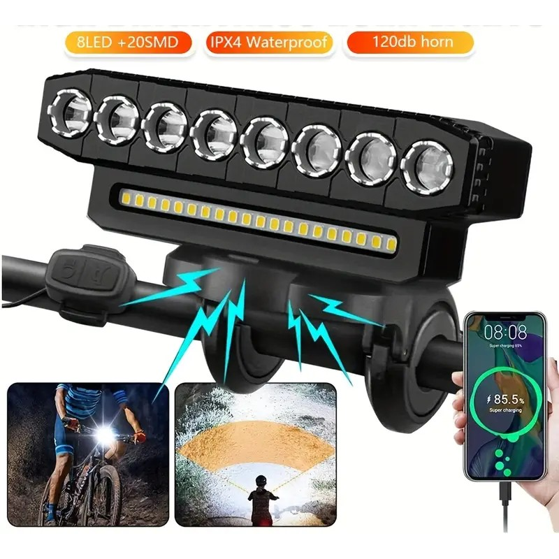 Feu Avant Vélo 8 LED + MSD + Klaxon + Chargement Téléphone ...